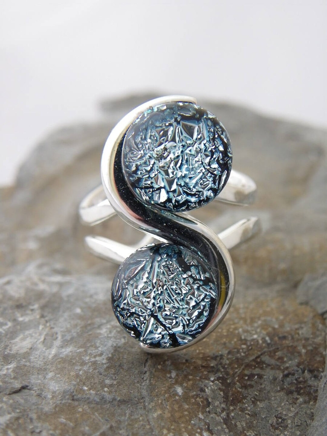 Silver Sparkle Dichroic Glass 2 Stone Ring With Adjustable Band - Etsy