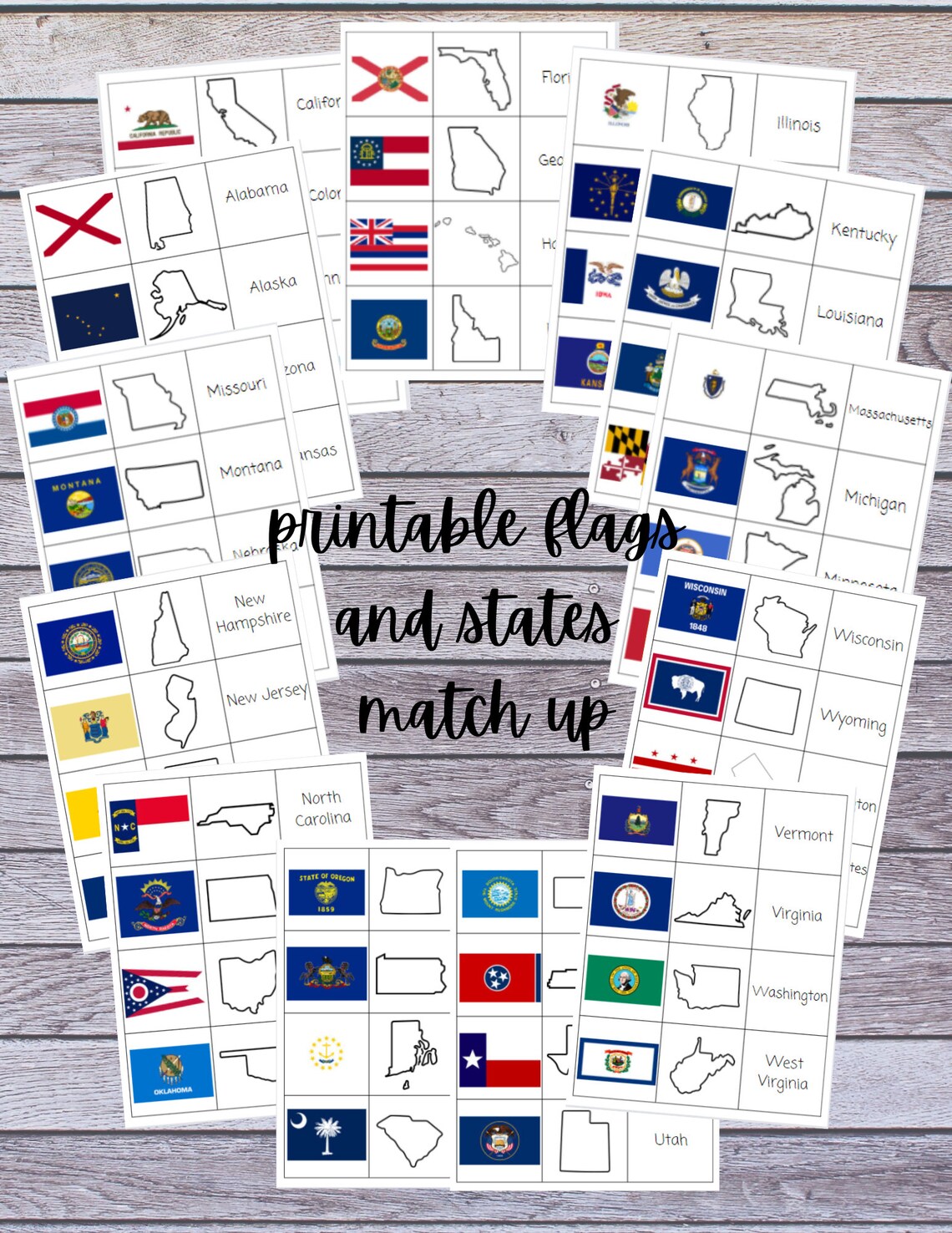 States and Flags Match up Printable - Etsy