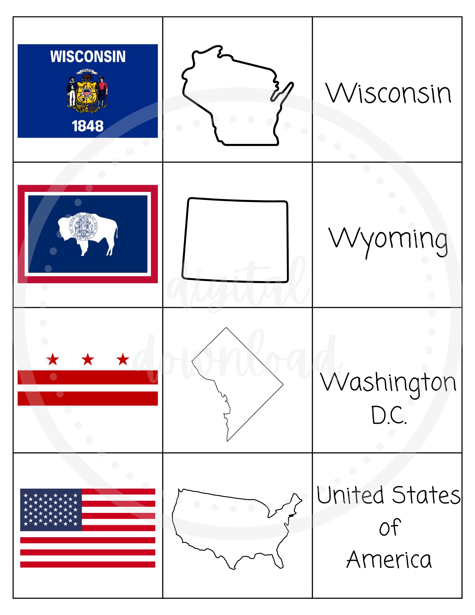 States and Flags Match up Printable - Etsy