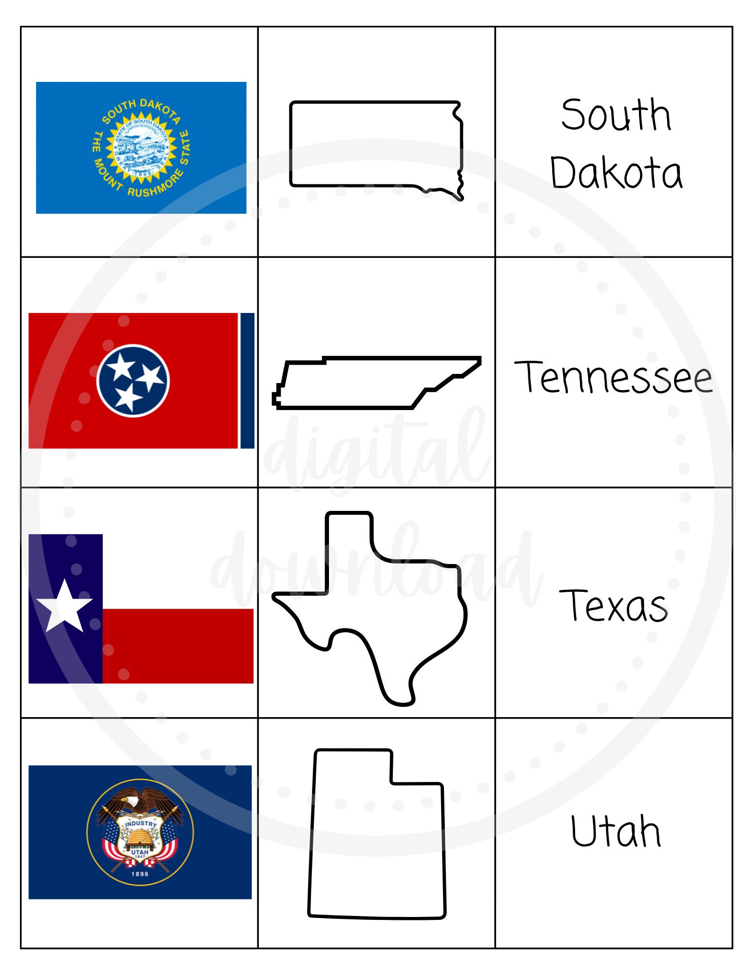 States and Flags Match up Printable - Etsy