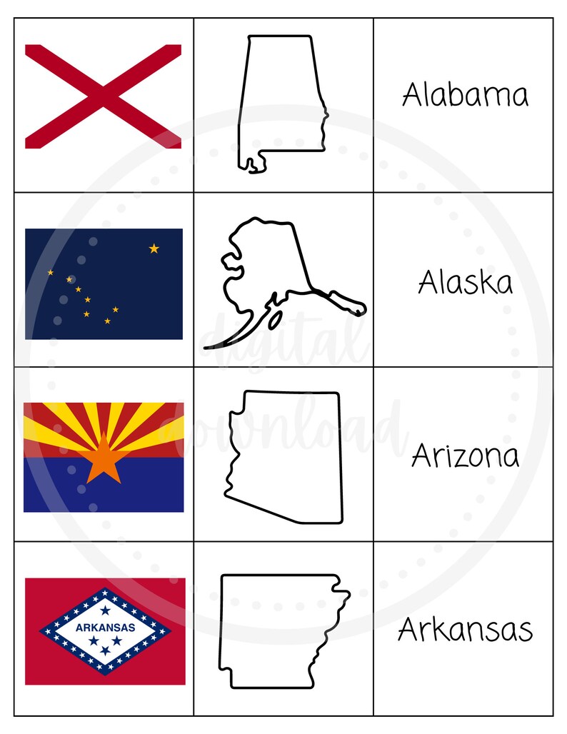 States and Flags Match up Printable - Etsy