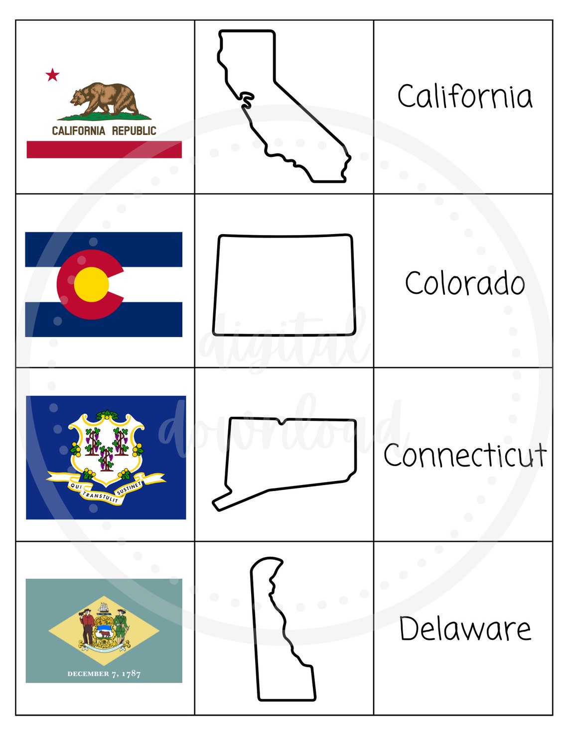 States and Flags Match up Printable - Etsy
