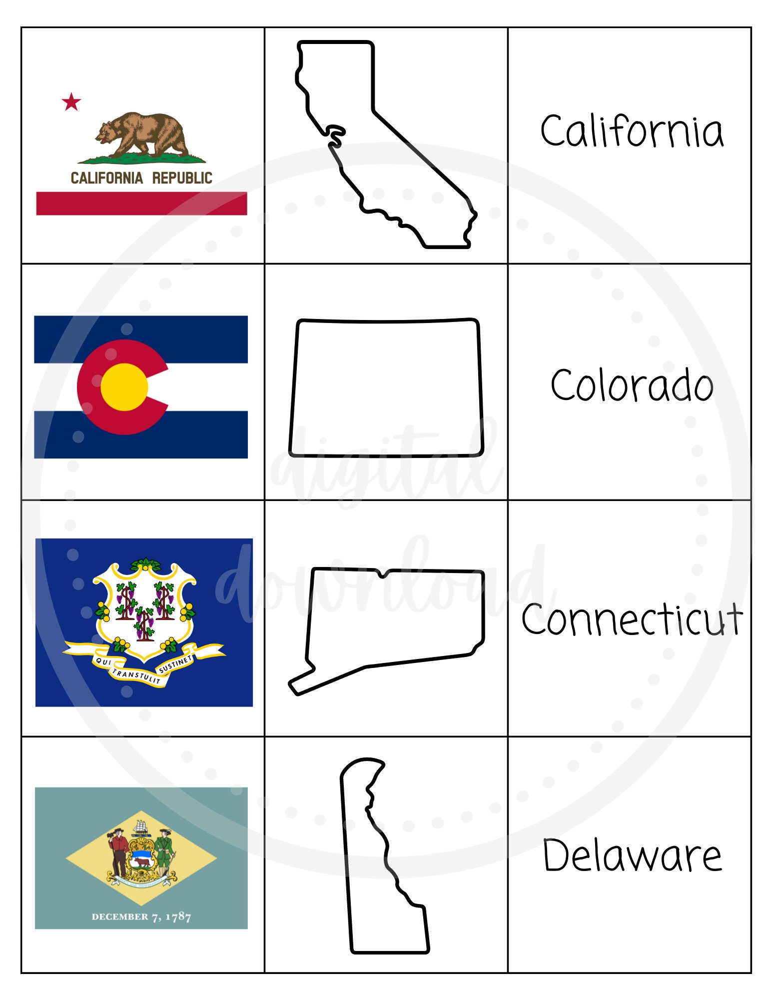 States and Flags Match up Printable - Etsy