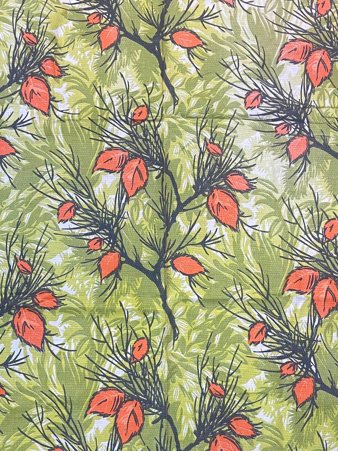 1950’s Barkcloth Cotton Fabric. Trees, Leaves, Interiors, Sewing ...