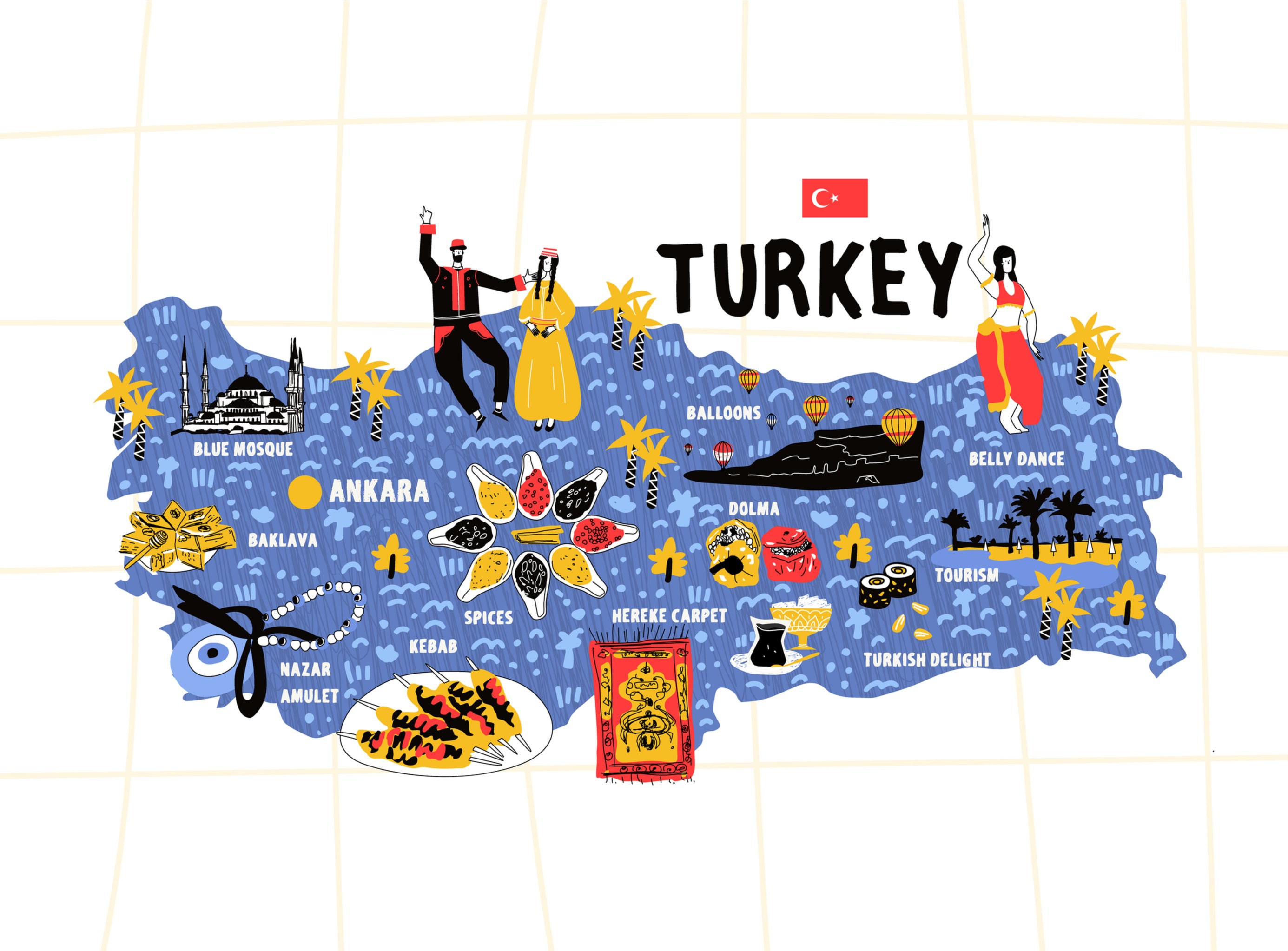 Turkey Map Flat Hand Drawn Vector Illustration Flag. - Etsy