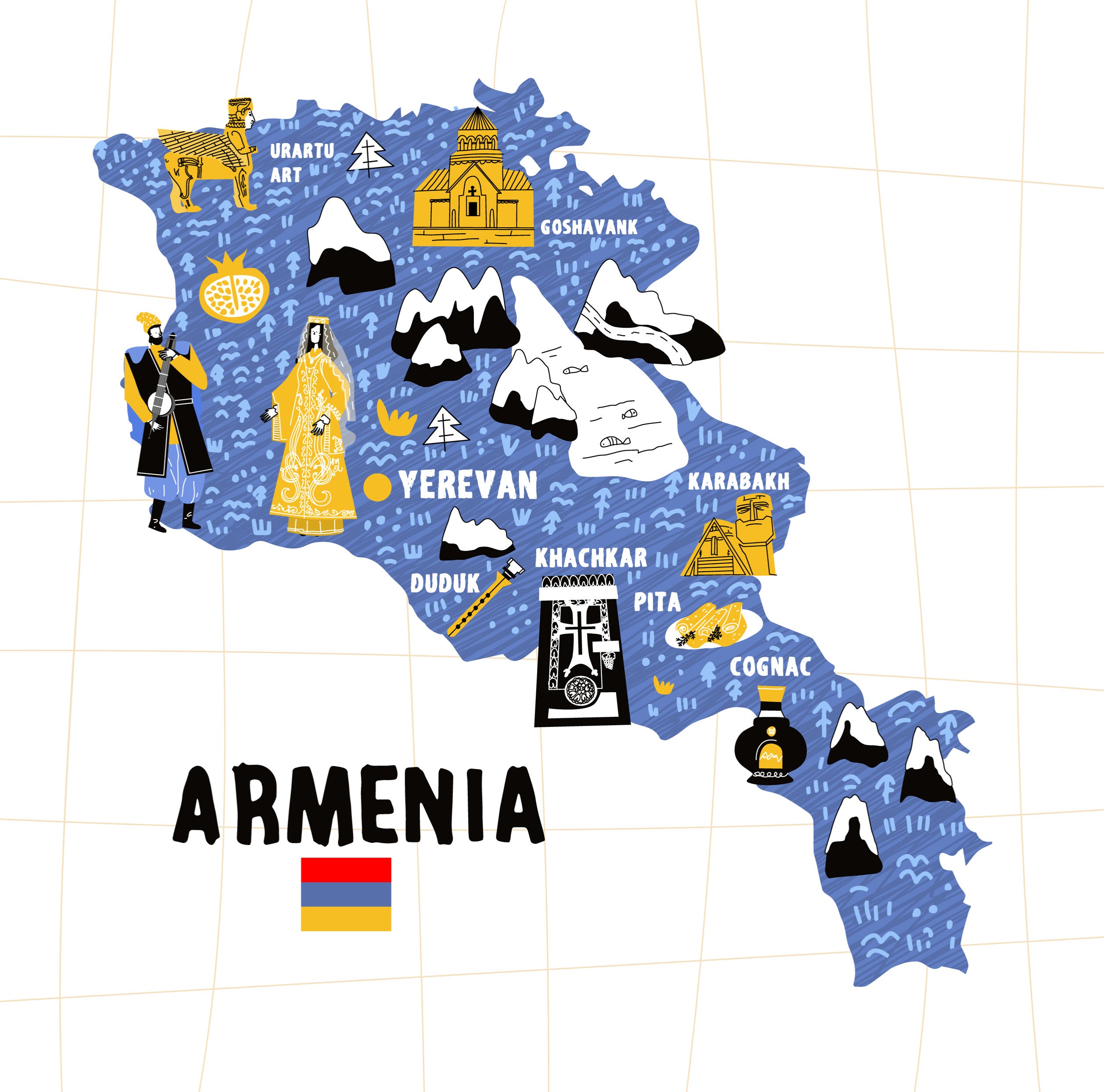 Armenia Map Flat Hand Drawn Vector Illustration Flag - Etsy
