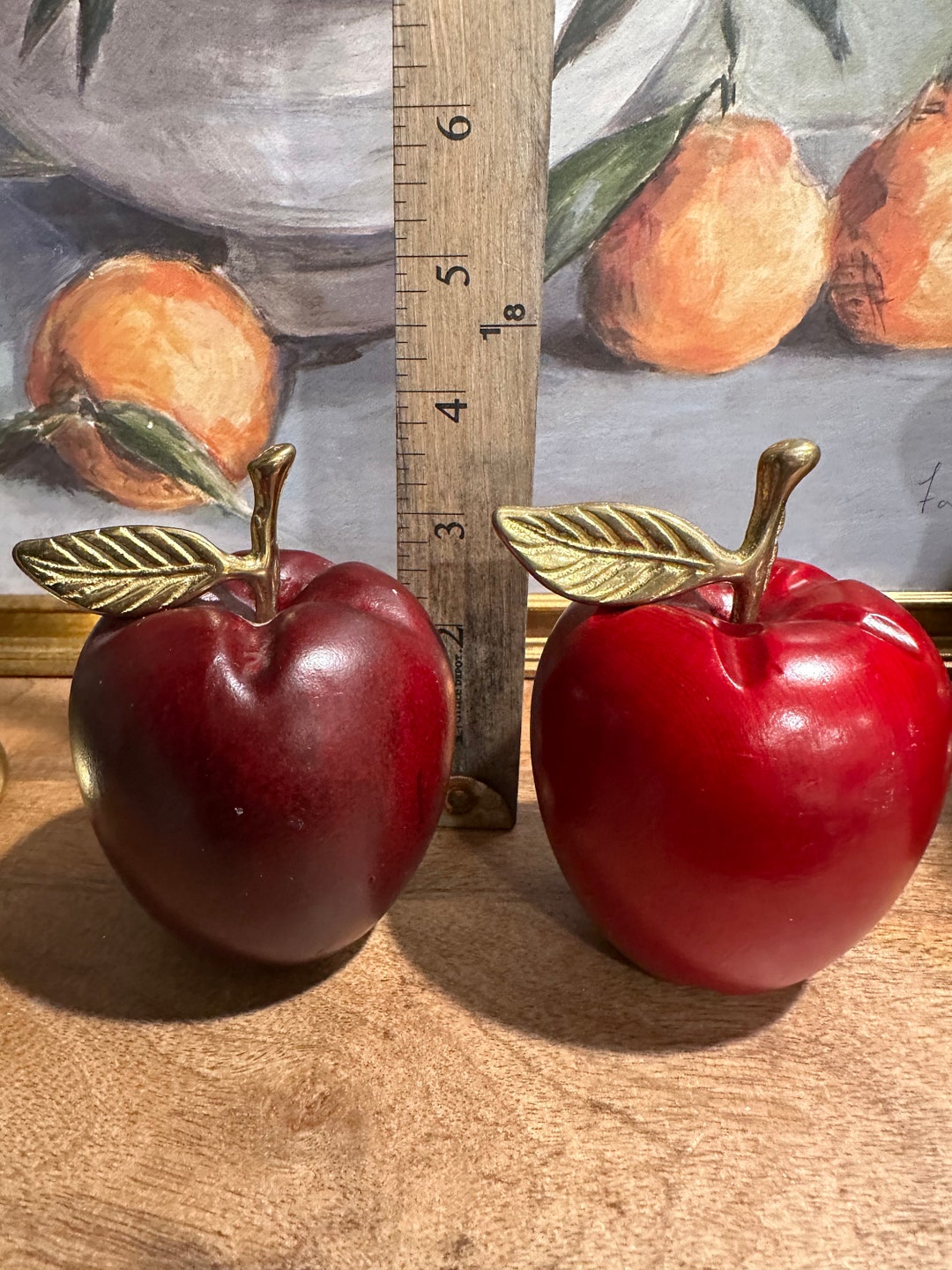 Paif of Vintage Red Faux Wood Carved Apples Apple With Brass Leaf ...