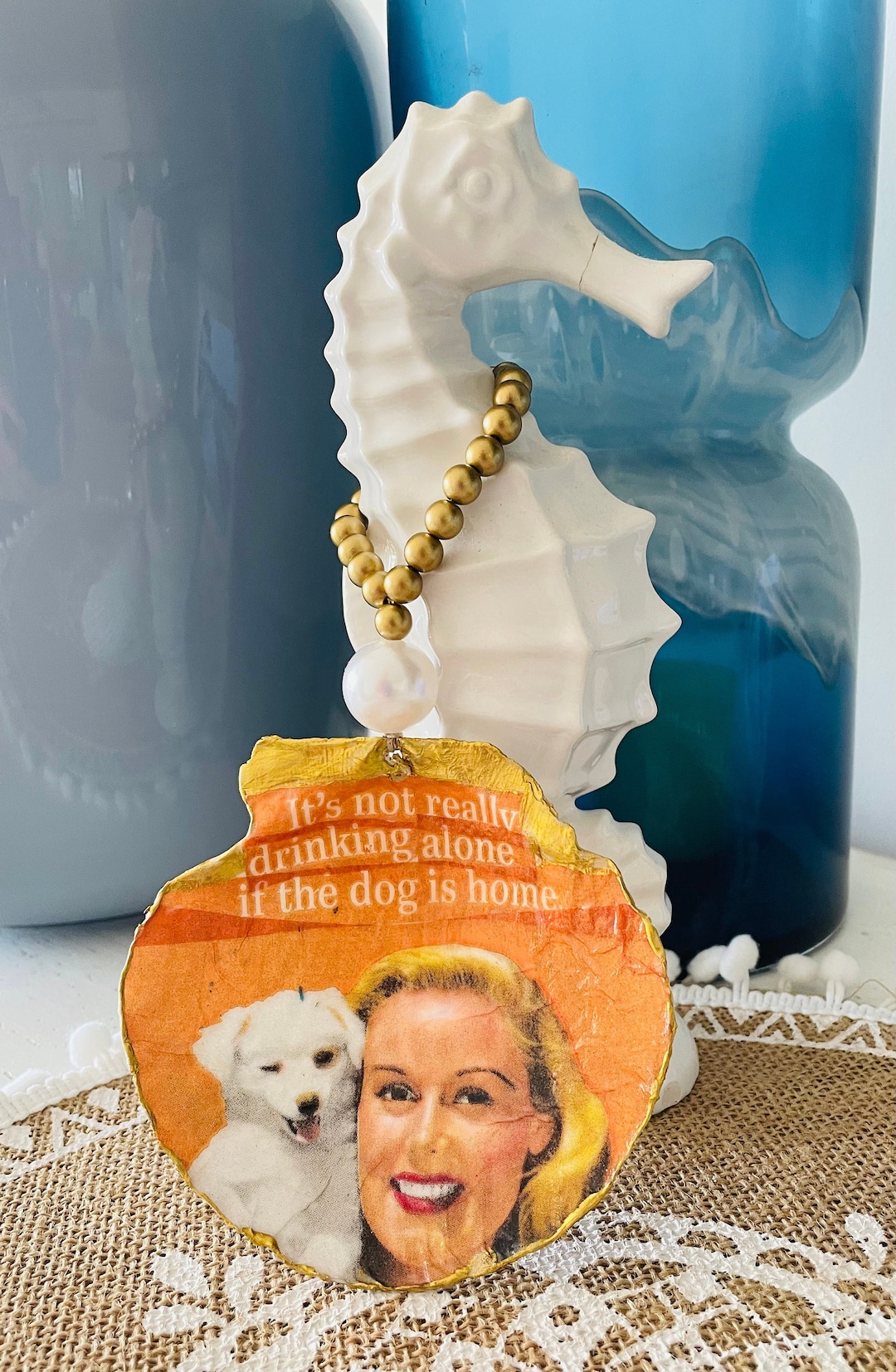 Funny Decoupage Scallop Shell Ornament/wine Bottle Charm - Etsy