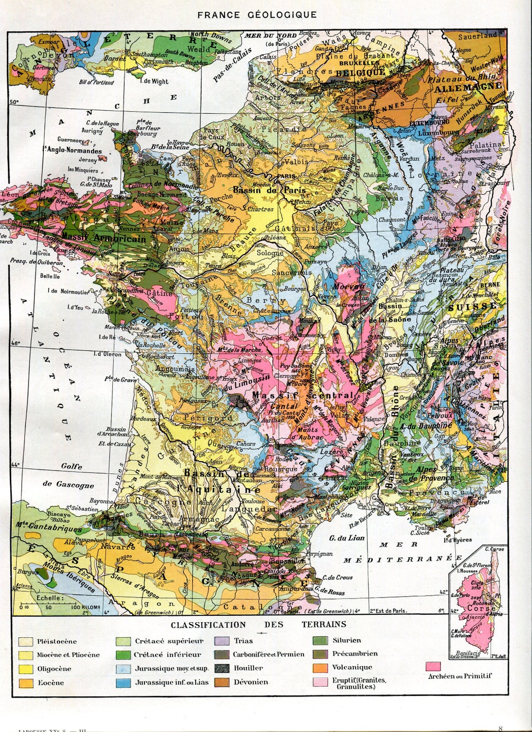 1923, Geological Map of France, Larousse Geographical Plate, Wall ...