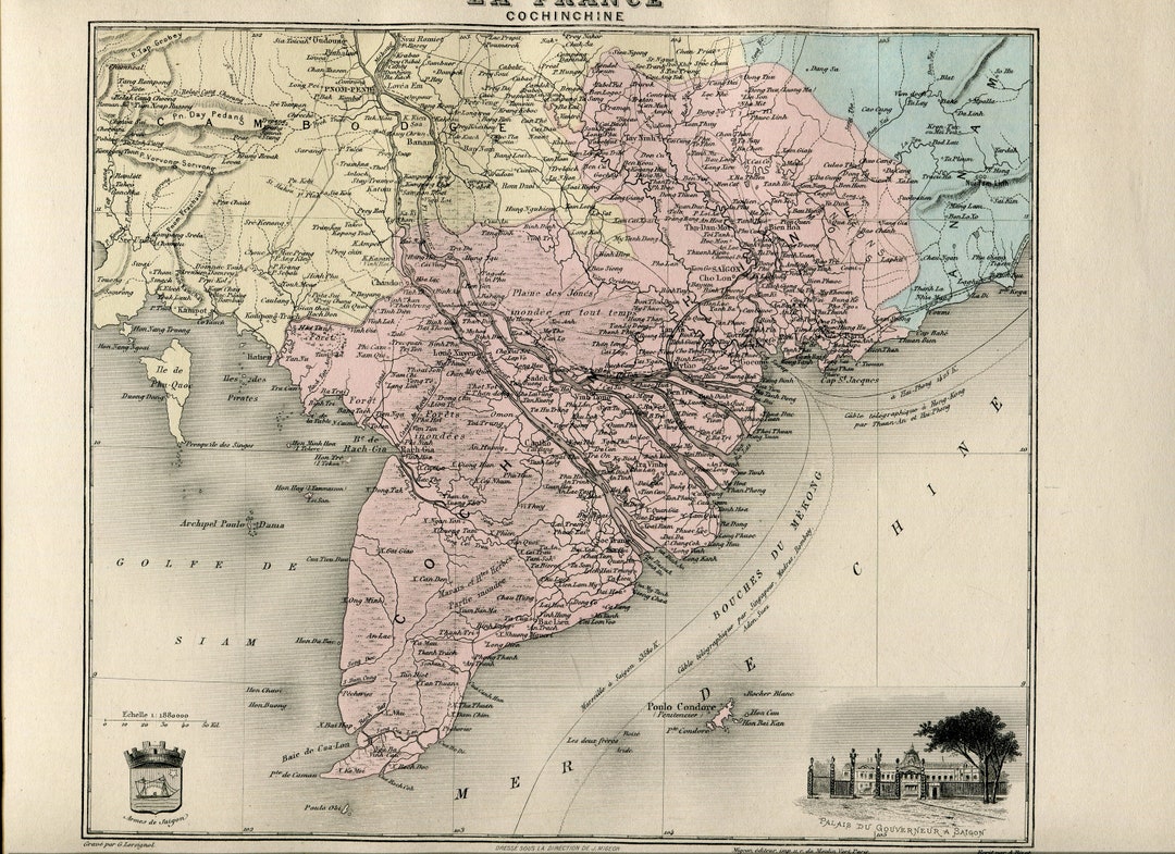 1880, Old Geographical Map of Cochinchina, Former French Colony, Wall ...