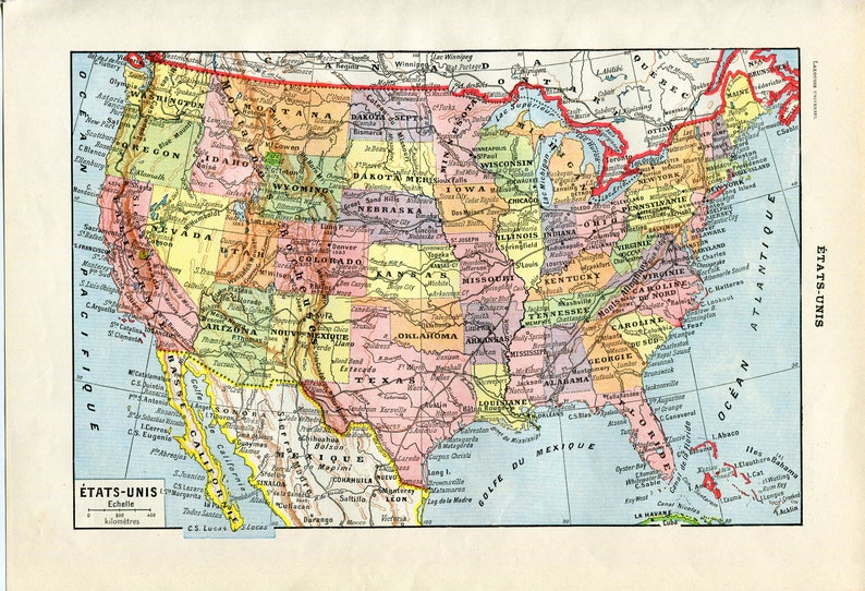 United States America Map 1933 Larousse Paris - Etsy