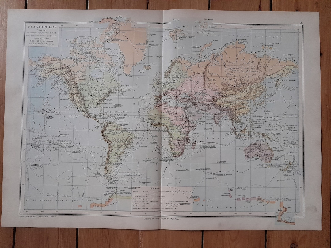 1900, Old Geographical Map Planisphere and Travel Around the World ...