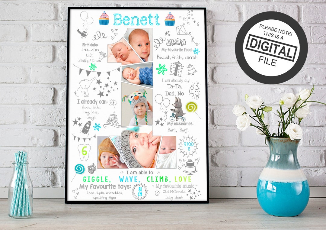 Custom Boy First Birthday Photo Collage, Chalkboard Sign for 1st One ...