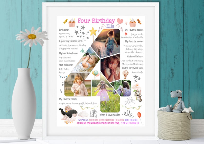 4th Birthday Photo Collage Poster: Custom Chalkboard Sign (digital File ...