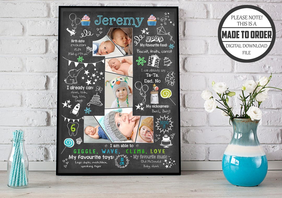 First Birthday Photo Collage: Milestone Chalkboard Poster (digital ...