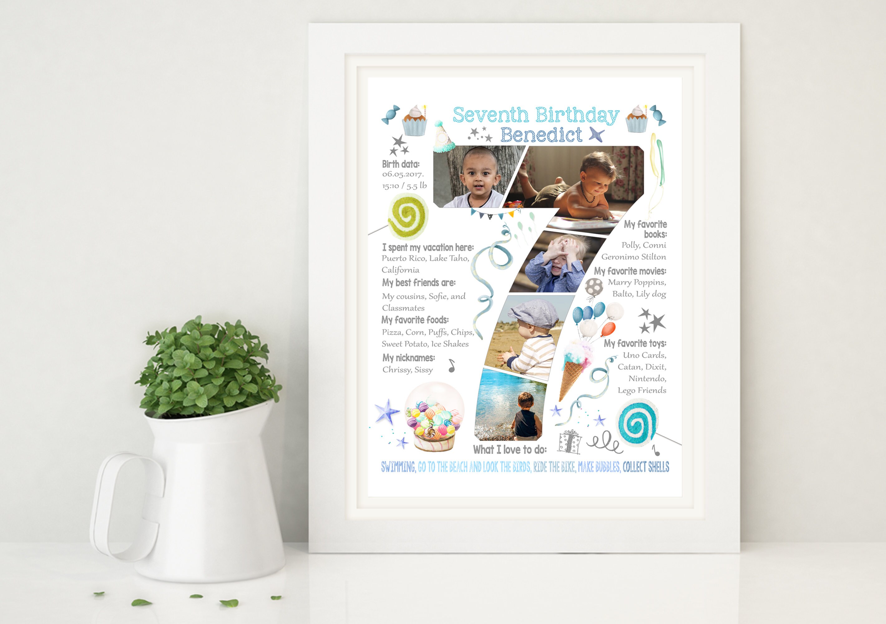 Custom Boy Seventh Birthday Number Photo Collage, Chalkboard Sign to ...