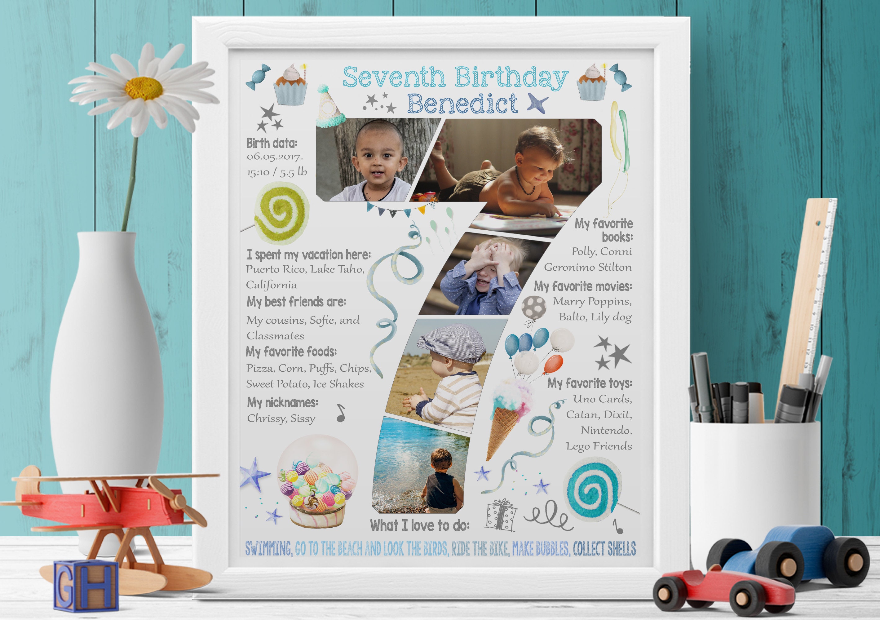 Custom Boy Seventh Birthday Number Photo Collage, Chalkboard Sign to ...