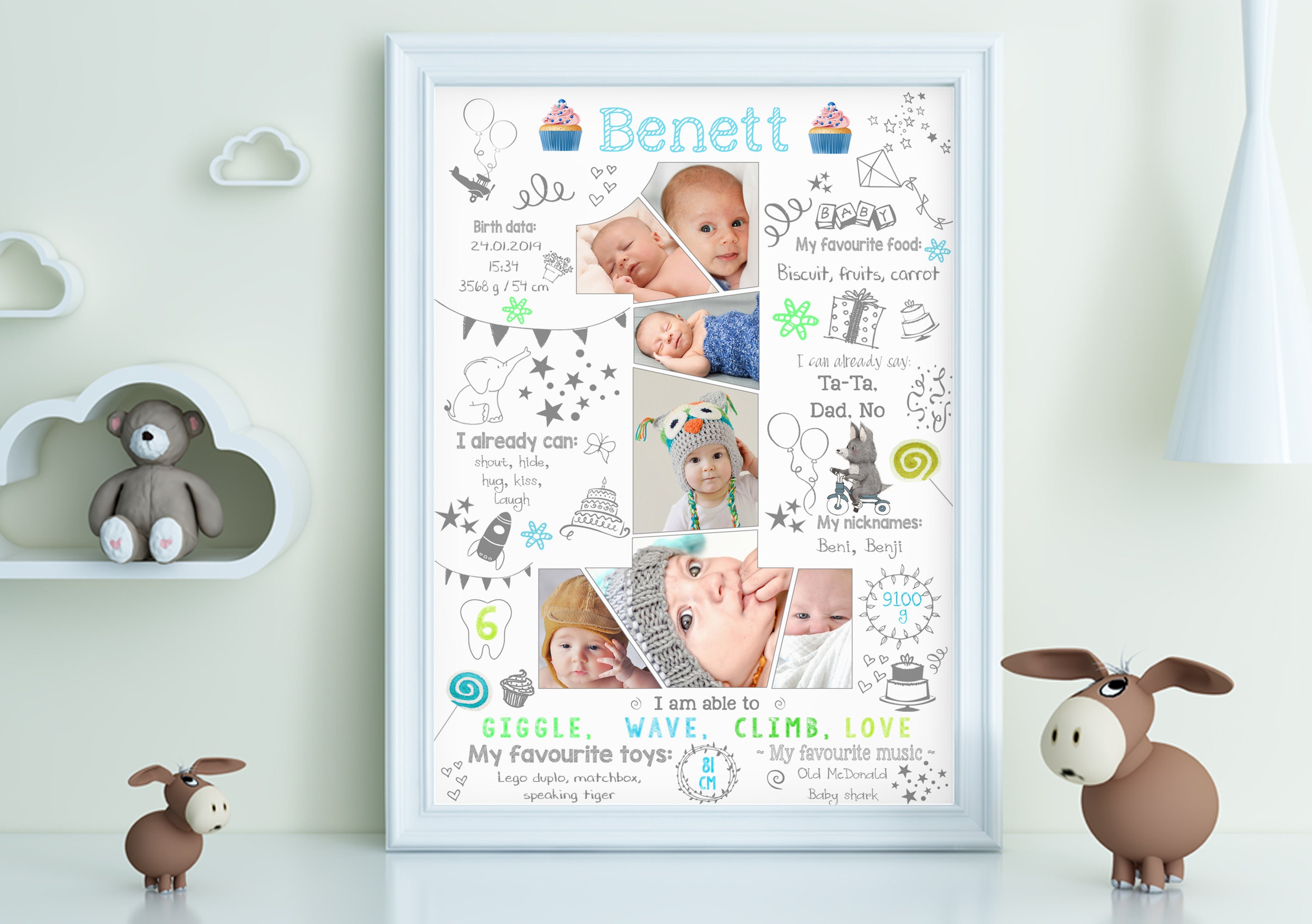 Custom Boy First Birthday Photo Collage, Chalkboard Sign for 1st One ...