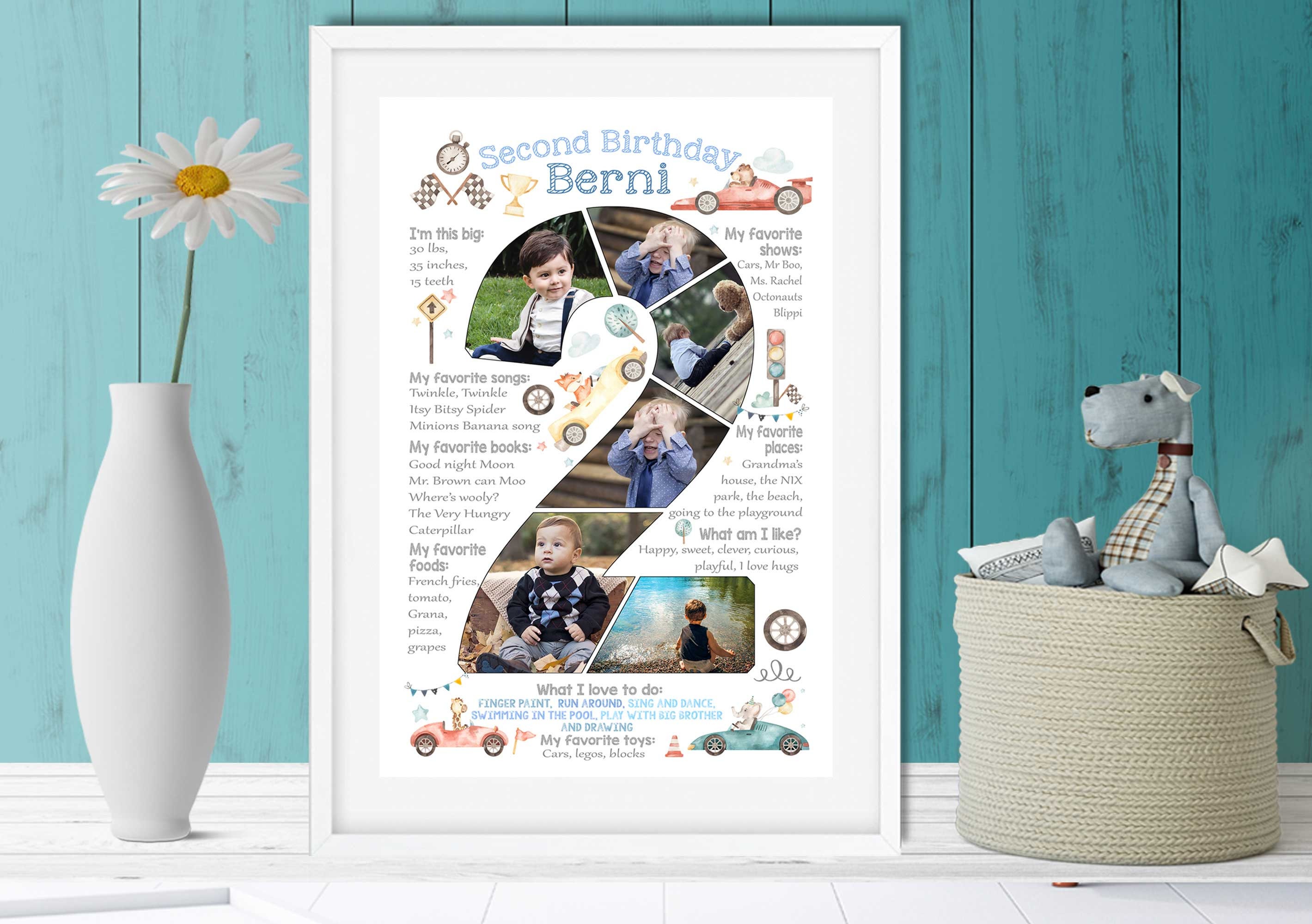 Custom Boy Second Birthday Photo Collage Race Cars Chalkboard - Etsy