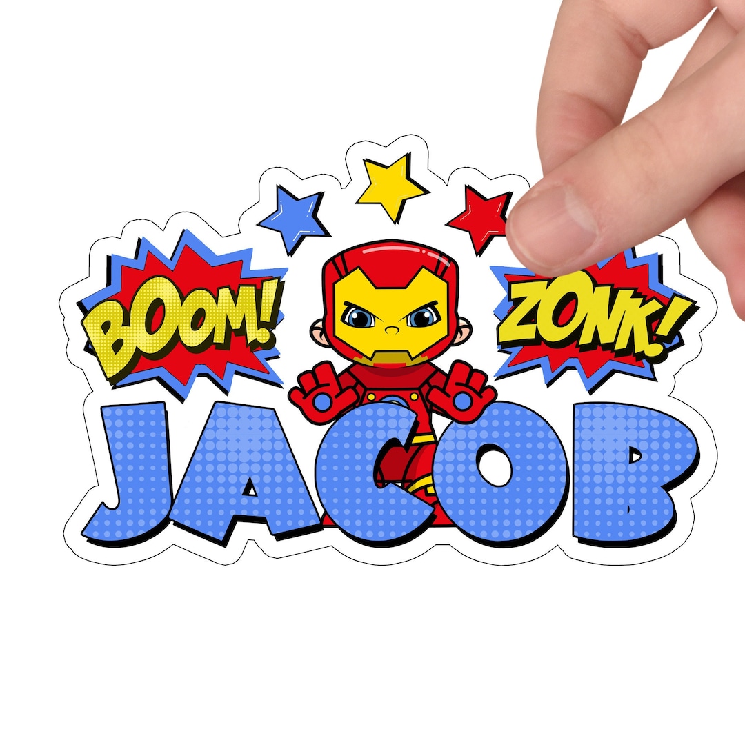 Superhero Name Sticker, Custom Waterproof Vinyl Decal, Iron Hero Theme ...
