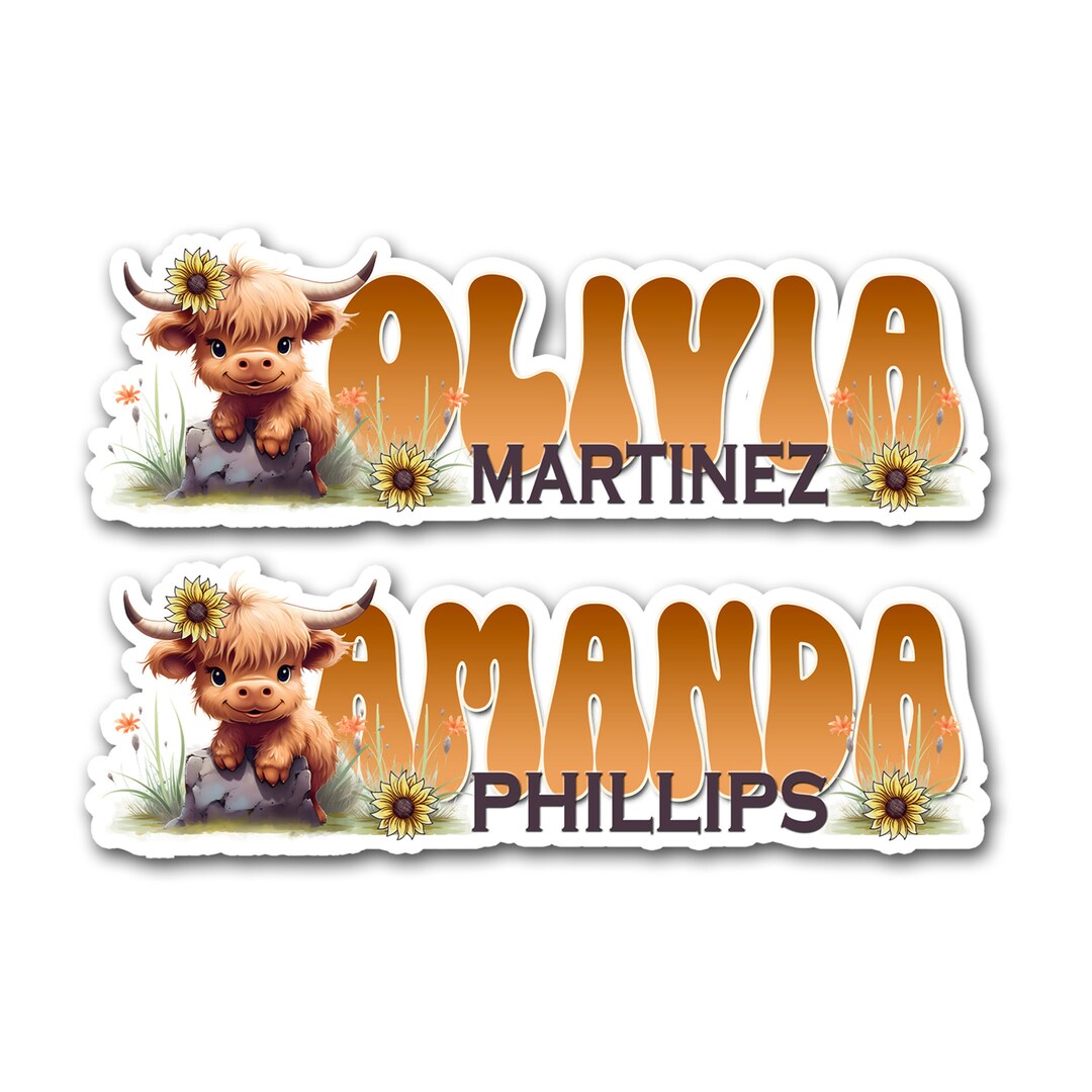 Baby Highland Cow Name Sticker, Custom First Last Name Waterproof ...