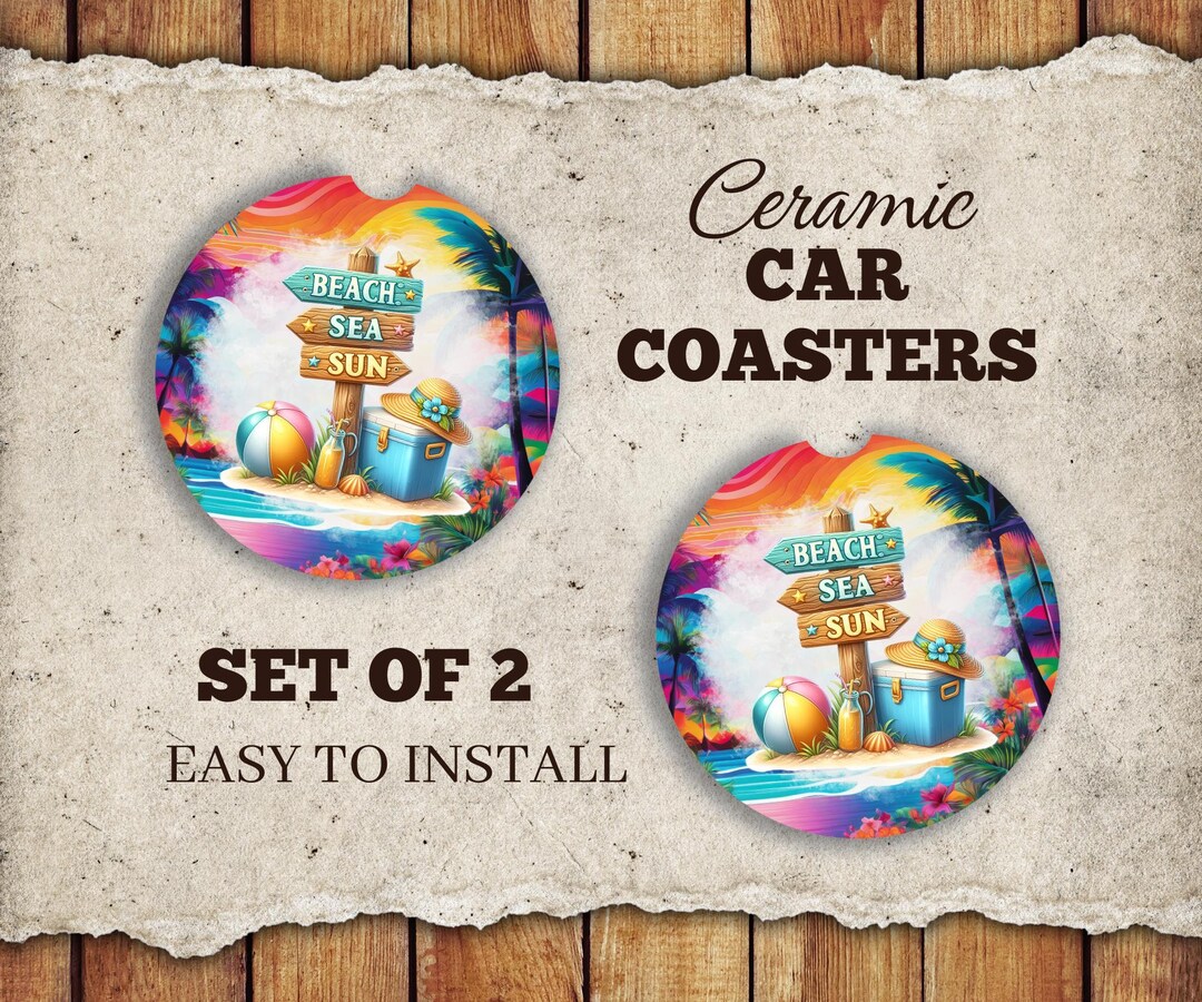 Beach Car Coasters Ceramic 2.5in Beach, Sea, Sun Tropical Vibes - Etsy