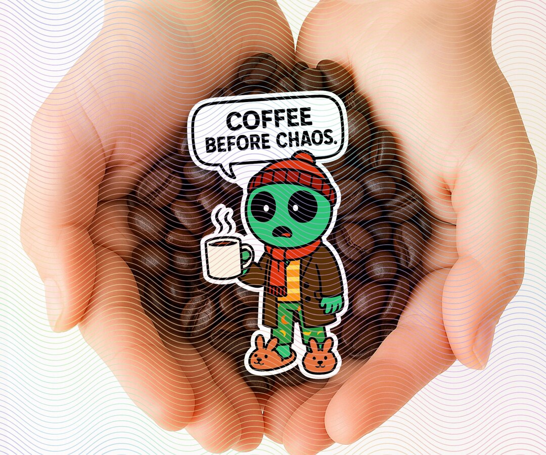 Coffee Before Chaos Sticker: Funny Alien Quote, Waterproof Vinyl Decal ...