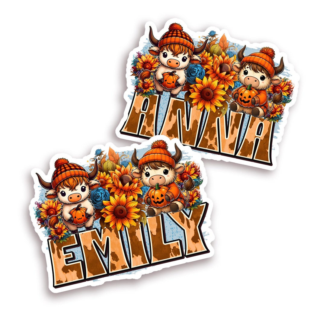 Custom Name Sticker - Cute Highland Cow With Sunflowers & Pumpkins ...