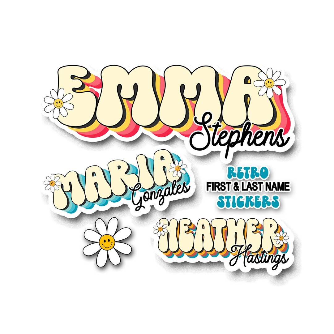 First and Last Name Sticker, Custom Waterproof Retro Decals ...