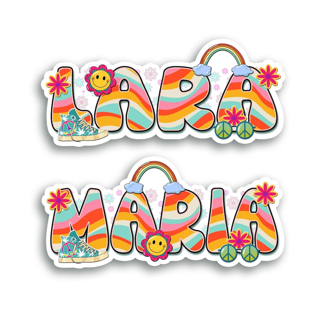 Retro Rainbow Name Sticker - Personalized Peace and Flowers Decal ...