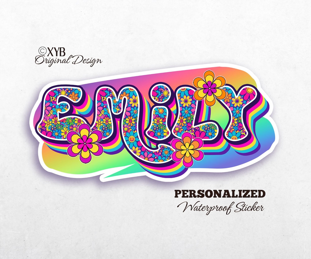 Personalized Rainbow Name Sticker: Groovy Floral Waterproof Vinyl Decal ...