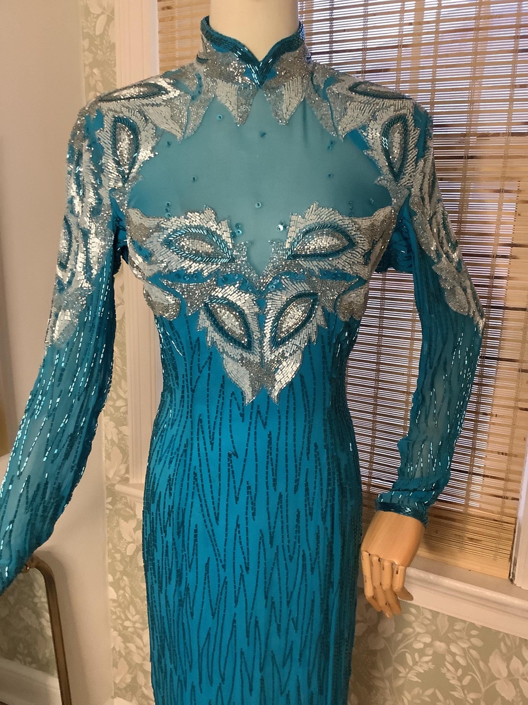 Vintage 1980s Silk Lillie Rubin Cerulean Blue Heavily Beaded Gown ...