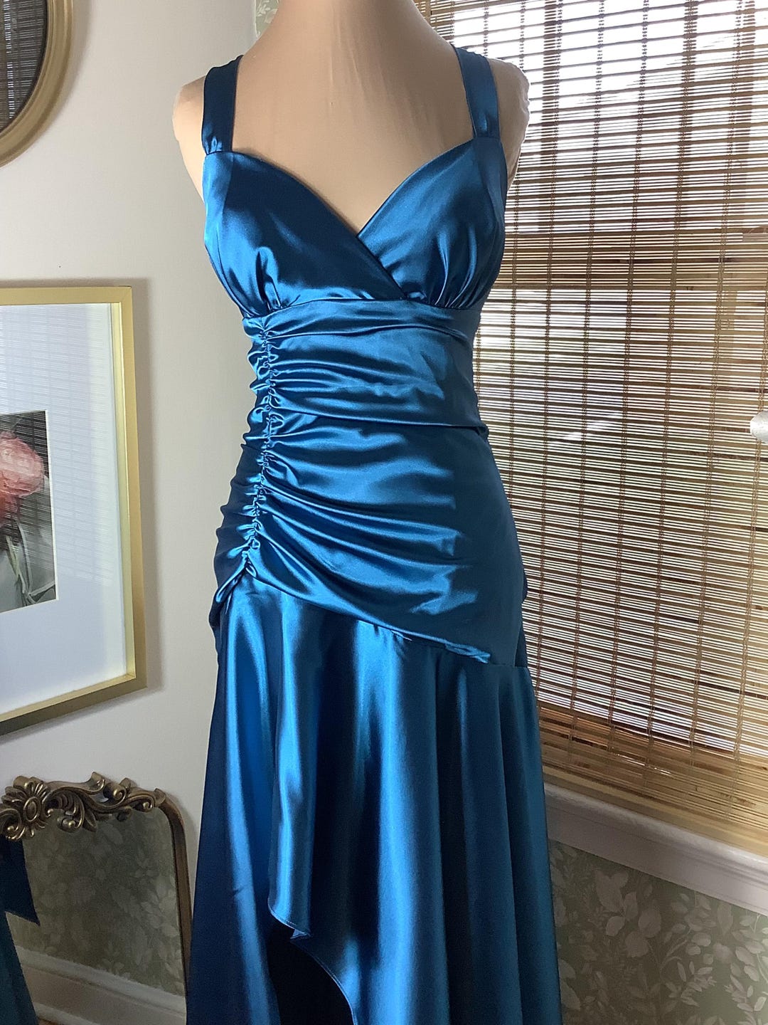 Vintage Late 80s-early 90s Sapphire Blue Satin Bombshell Gown Made in ...
