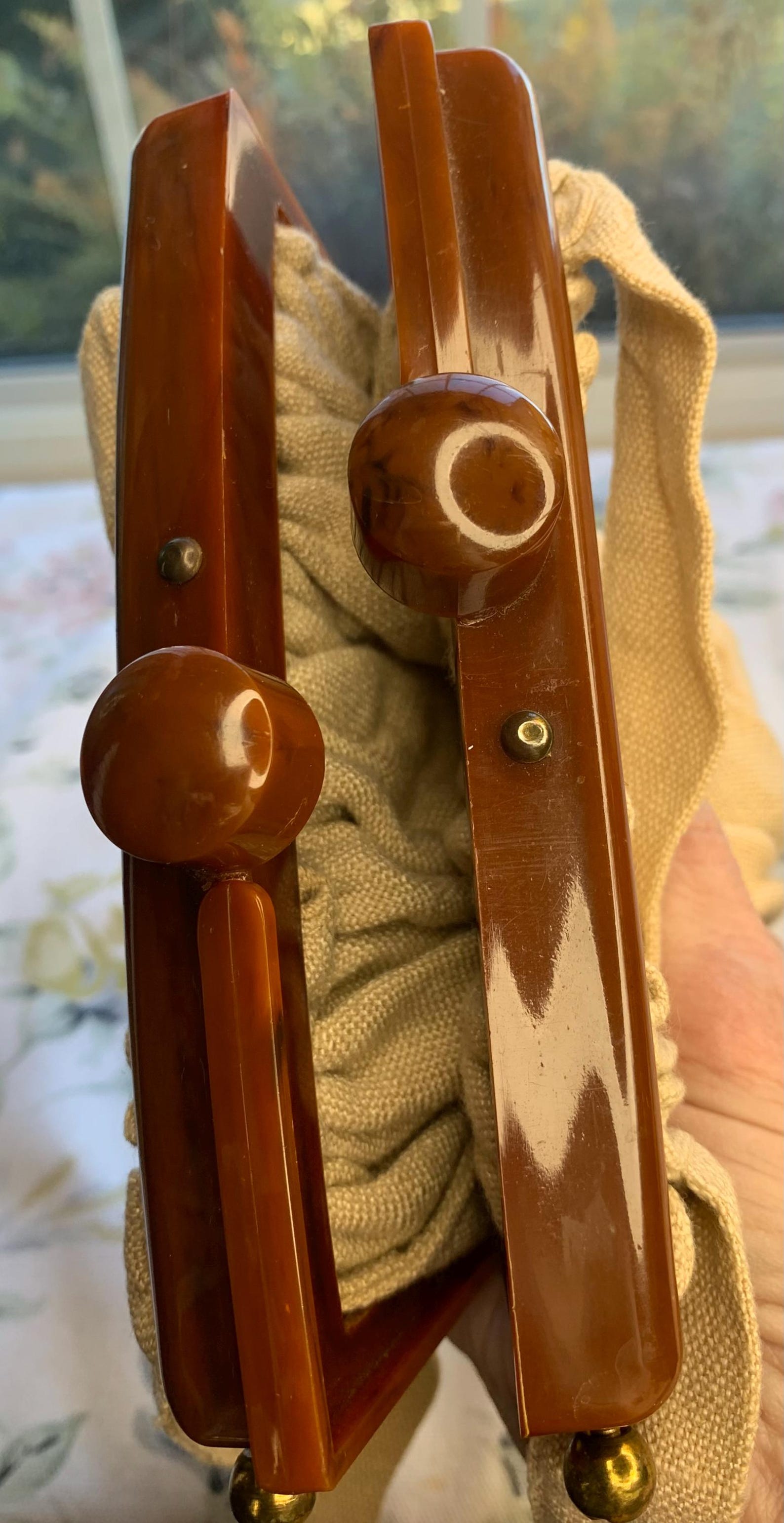 Vintage 1940s Era Muslin/ Linen Curtain Rod Handbag With Chunky Plastic ...