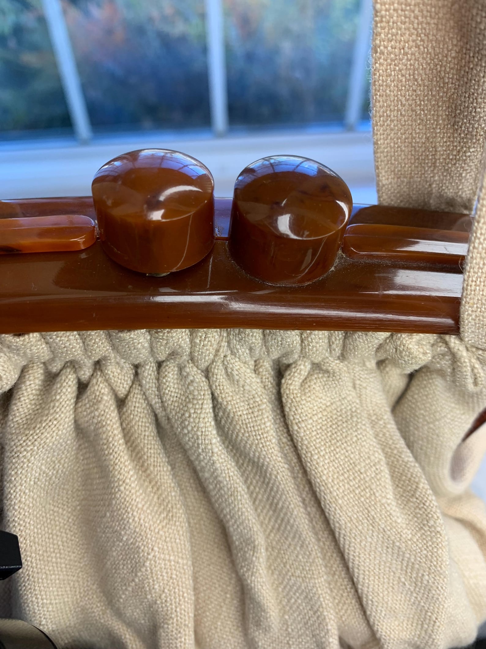 Vintage 1940s Era Muslin/ Linen Curtain Rod Handbag With Chunky Plastic ...