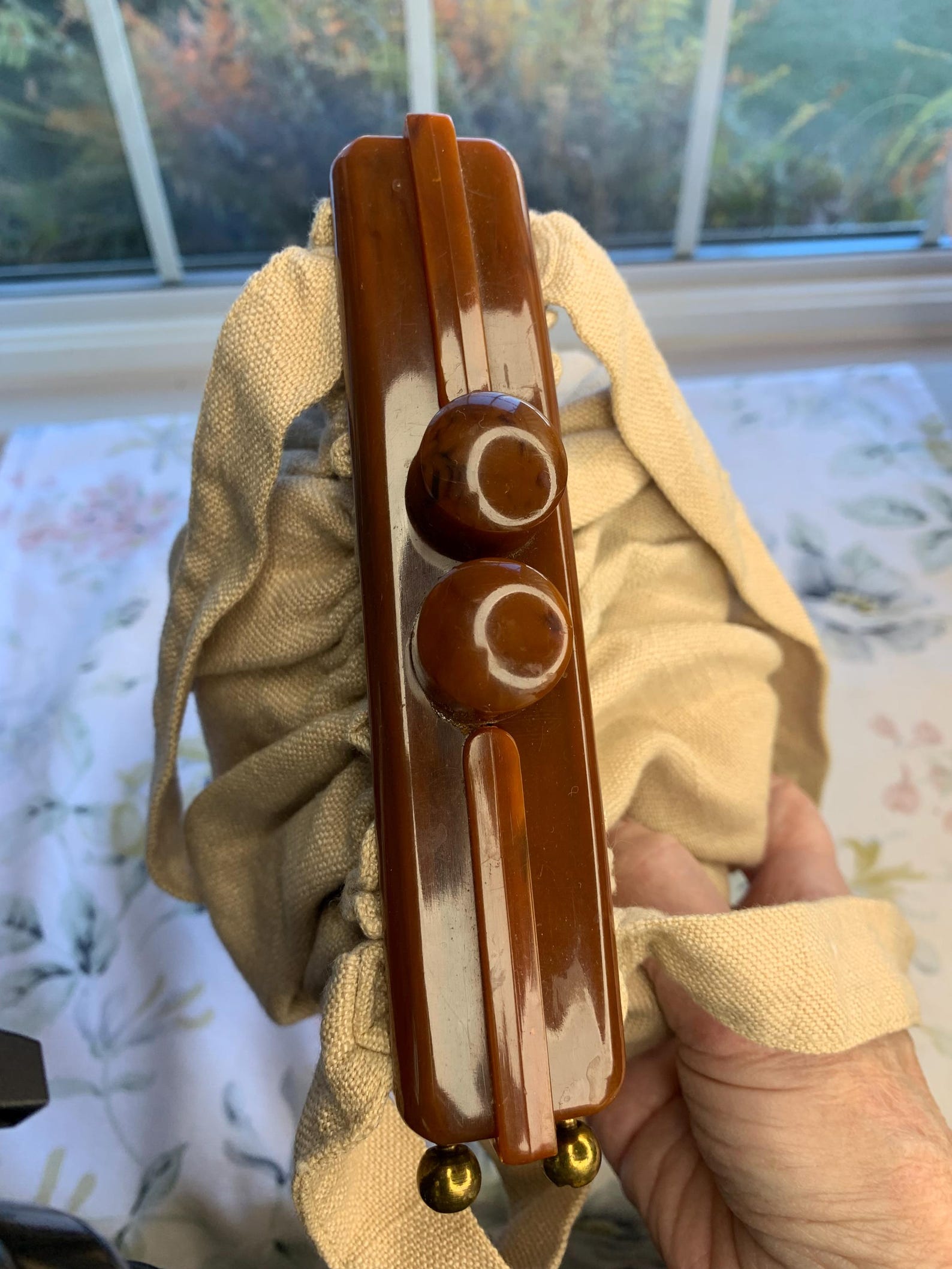 Vintage 1940s Era Muslin/ Linen Curtain Rod Handbag With Chunky Plastic ...
