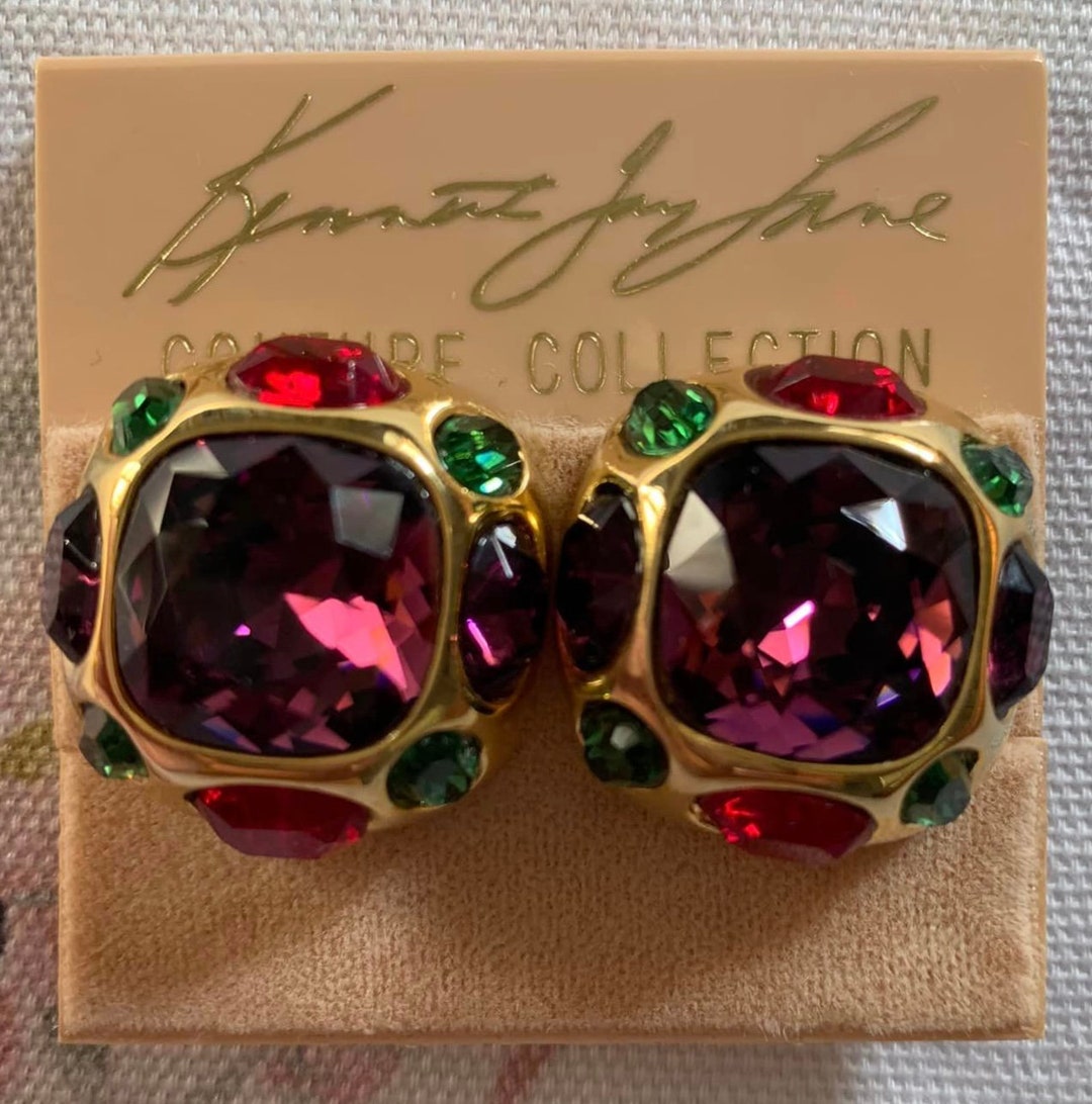 Vintage Kenneth Jay Lane Gold Tone and Jewel Tone Crystal Clip on ...