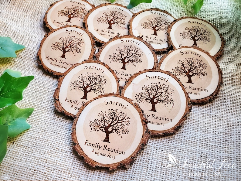 Bulk Family Tree Reunion Favors Engraved Wooden Magnets Rustic Log ...