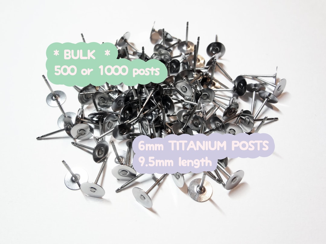 BULK 6mm Titanium Earring Posts 9.5mm Length Flat Pad Grade 1 Titanium ...