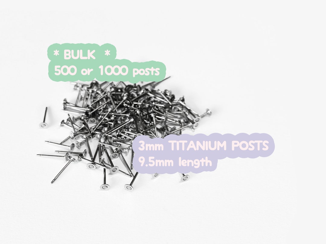 BULK 3mm Titanium Earring Posts 9.5mm Length Flat Pad Grade 1 Titanium ...
