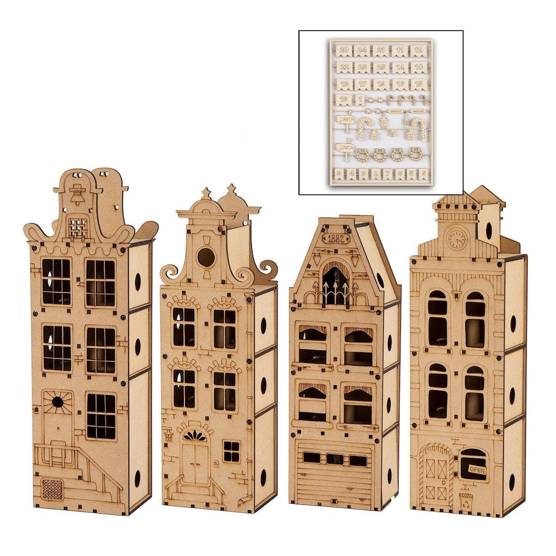 MDF Advent Houses - Model Houses - DIY - 25 Compartments - Set or ...