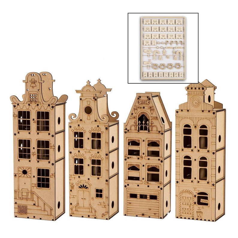 MDF Advent Houses - Model Houses - DIY - 25 Compartments - Set or ...