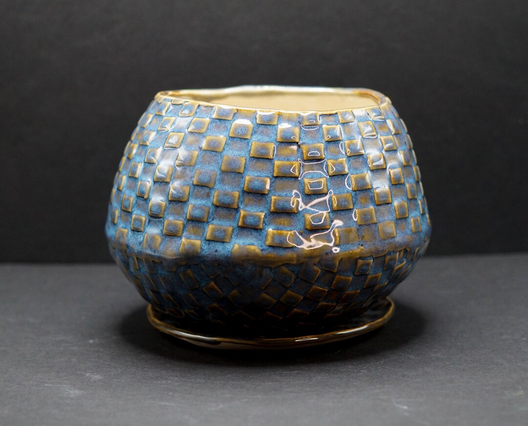 Ceramic Planter Checkered Blue Rustic Handmade Pottery Pinch Pot ...