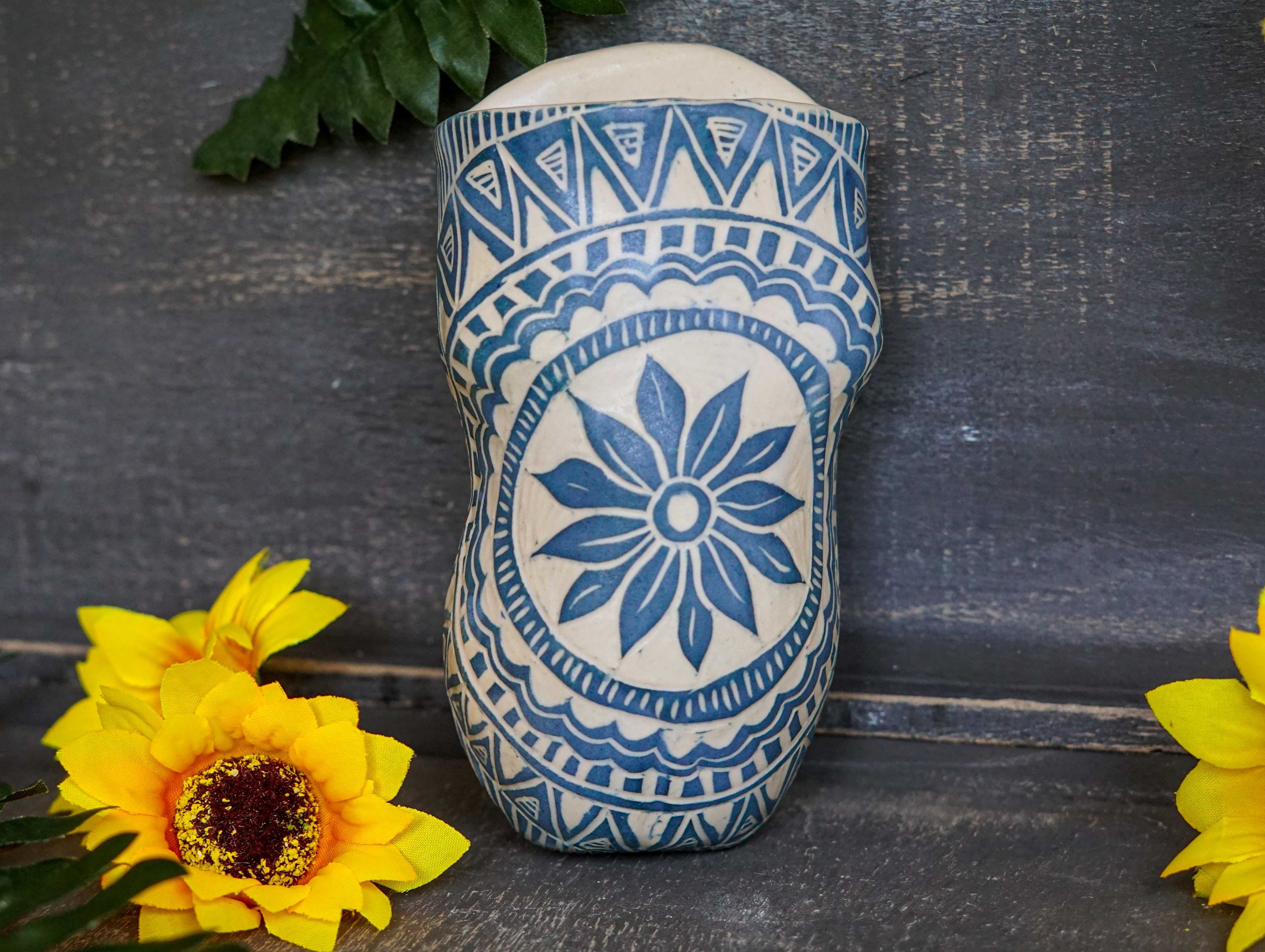 Ceramic Carved Sgraffito Blue and White Pottery Vase Wall - Etsy