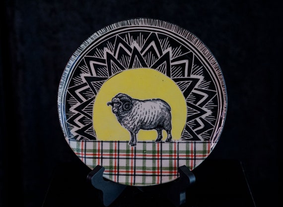 Ram Sheep Plate Ceramic Sgraffito Animal Plaid Wilderness - Etsy
