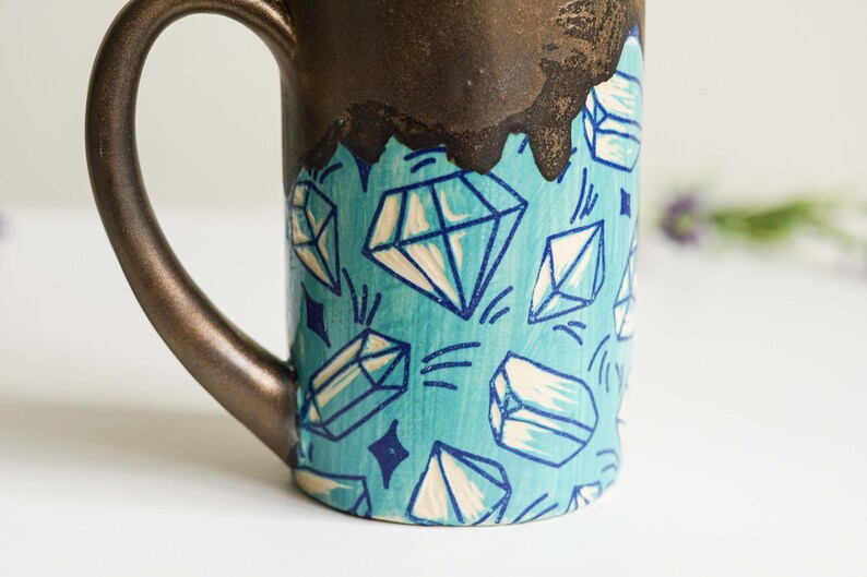 Ceramic Bronze Sgraffito Carved Gem Crystal Mug With Handle - Etsy