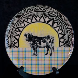 Cow Plate Ceramic Sgraffito Animal Plaid Wilderness Serving Dish With ...