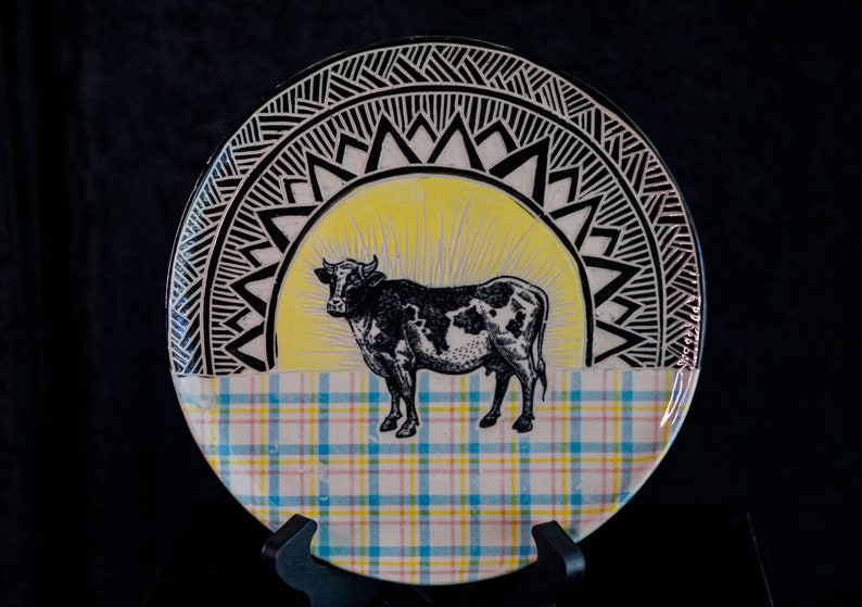Cow Plate Ceramic Sgraffito Animal Plaid Wilderness Serving - Etsy
