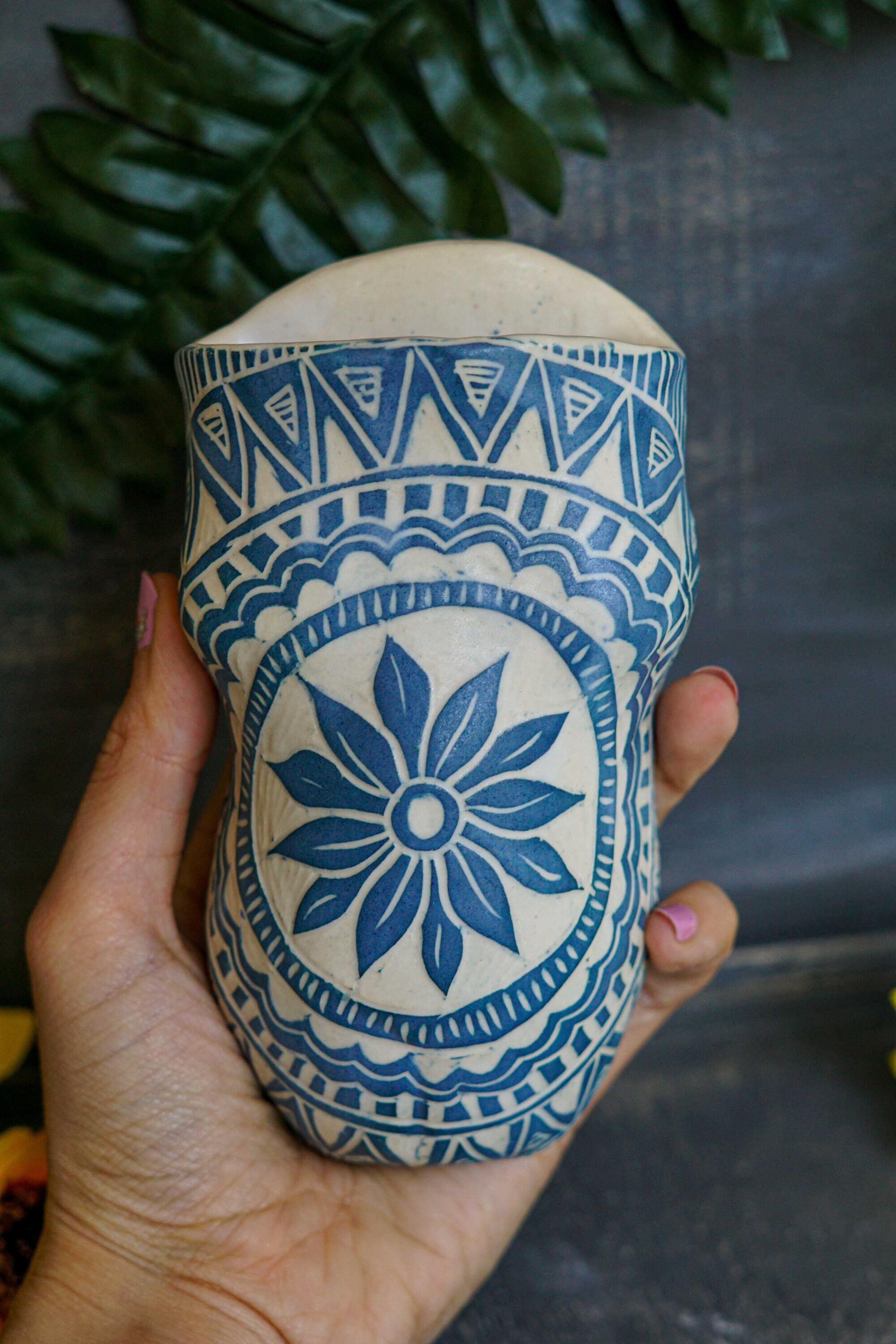 Ceramic Carved Sgraffito Blue and White Pottery Vase Wall - Etsy