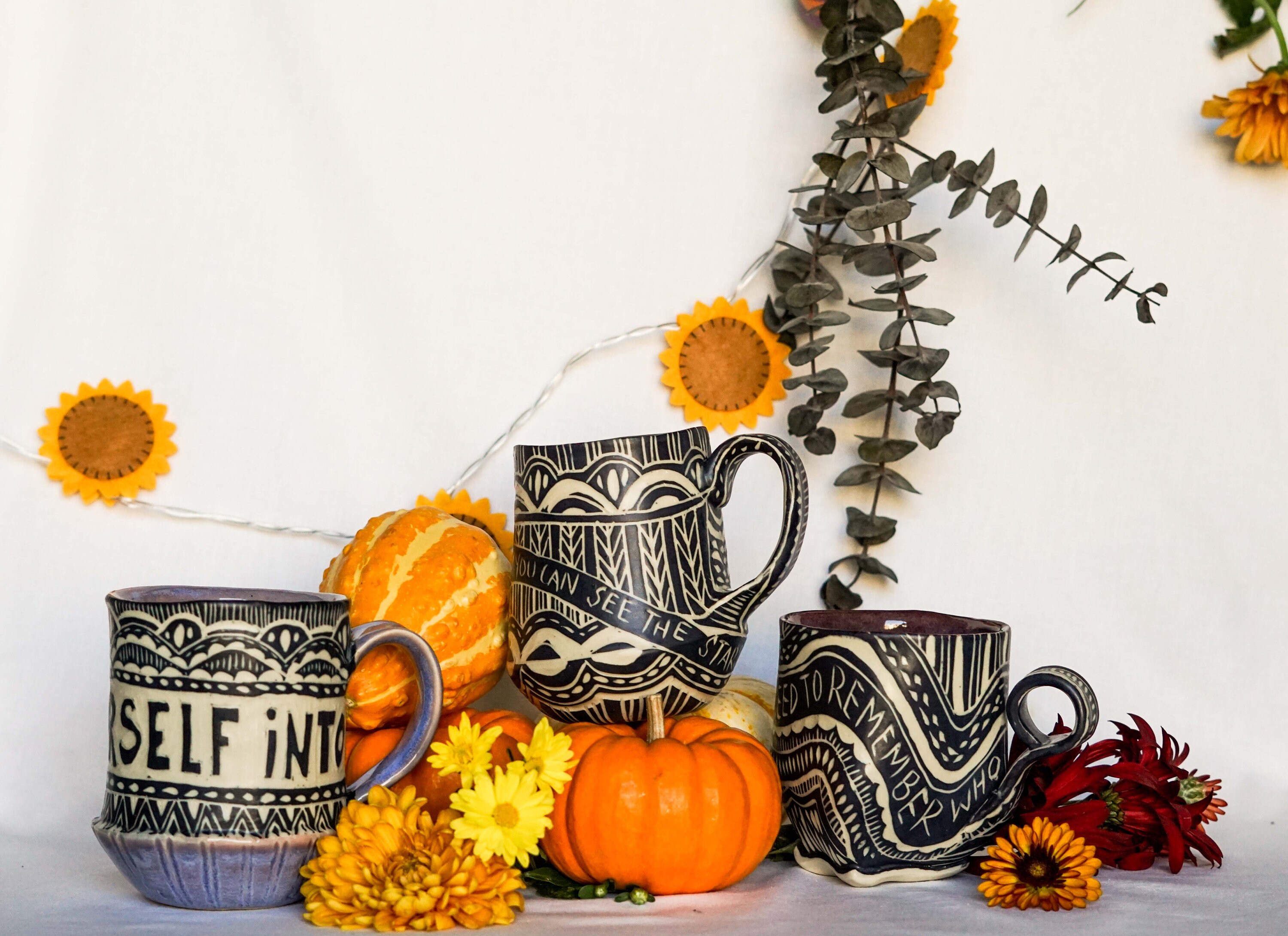 Ceramic Black and White Sgraffito Mug With Handle and - Etsy